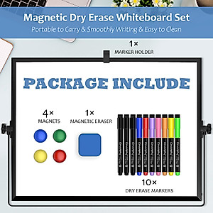 Dry Erase White Board, 16 x12 Inch Magnetic Whiteboard with Stand, Portable Double-Sided White Board Easel with 10 Markers 4 Magnets 1 Eraser, Desktop Dry Erase Board for Work School Memo to Do List