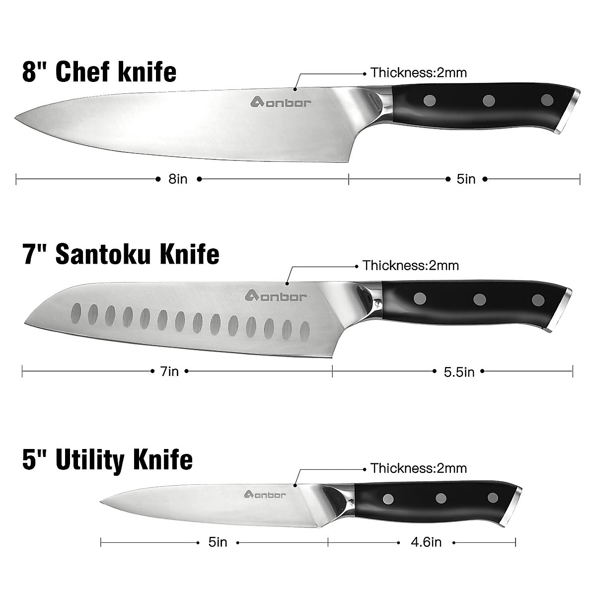 Chef Knife Set Professional kitchen knife set 3-Piece with japanese knife, 8" Chef's Knife & 7"Santoku Knife& 5" Utility Knife, Black Sharp Kitchen Knife Set, 5cr15mov High Carbon Stainless Steel
