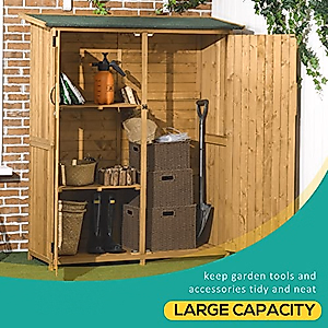 Outsunny Outdoor Storage Cabinet Wooden Garden Shed Utility Tool Organizer with Waterproof Asphalt Rood, Lockable Doors, 3 Tier Shelves for Lawn, Backyard, Natural