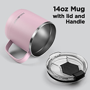 HAUSHOF 14 oz Coffee Mug, Insulated Coffee Mug with Handle, Travel Camping Cup, Portable Stainless Steel Coffee Cup, Insulated Coffee Cups with Lid, Pink