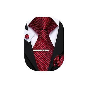 YOHOWA Men Tie Clip Set Plaid Burgundy Silk Necktie Pocket Square Cufflinks Formal Business Wedding Party