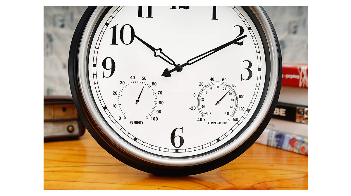 Rsobl 16" Waterproof Outdoor Wall Clock with Thermometer