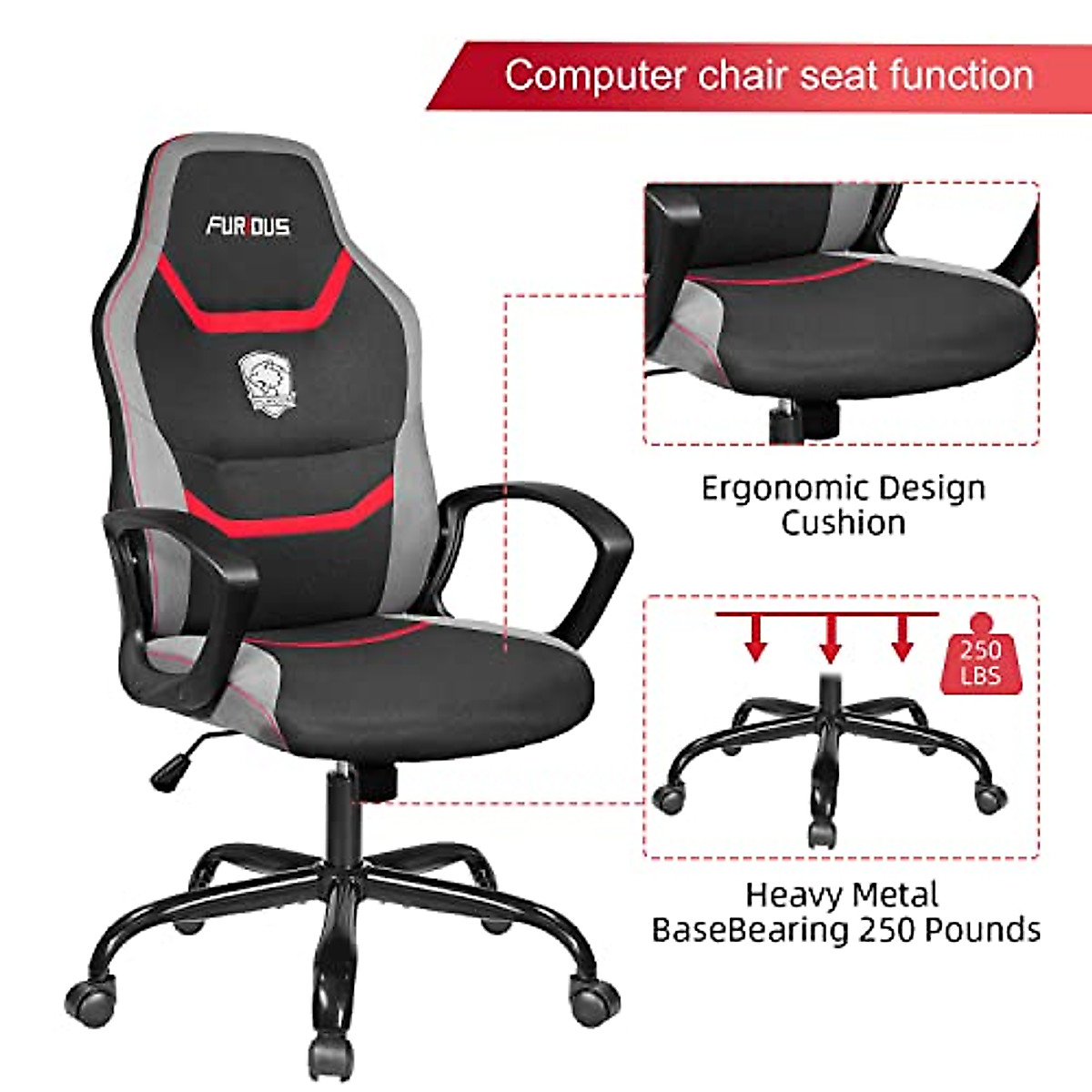 Toszn Office Chairs, Gaming Chair Swivel Ergonomic Computer Desk Chair with Mesh Padded Seat Adjustable Video Gamer Chairs for Teens, Back Support and Nylon Armrest Red