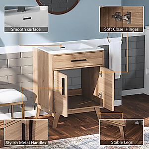 AMERLIFE 24.5" Bathroom Vanity with Sink Combo, Mid-Century Modern Small Single Bathroom Cabinet Set, Integrated Sink, Soft Closing Doors with Metal Handles, Bath Vanity Brown