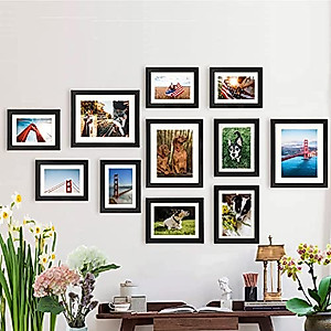 Picture Frames 8x10 Picture Frame Set of 2，Display Pictures 5x7 with Mat or 8x10 Without Mat Real Glass and Composite Wood for Wall or Tabletop Display Pre-Installed Wall Mounting Hardware，Black