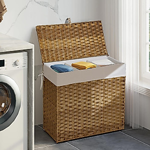 Greenstell Laundry Hamper with Lid, 125L Large Clothes Hamper with 3 Section & 2 Section Removable Liner Bags & 5 Mesh Laundry Bags, Handwoven Synthetic Rattan Divided Laundry Basket, Natural