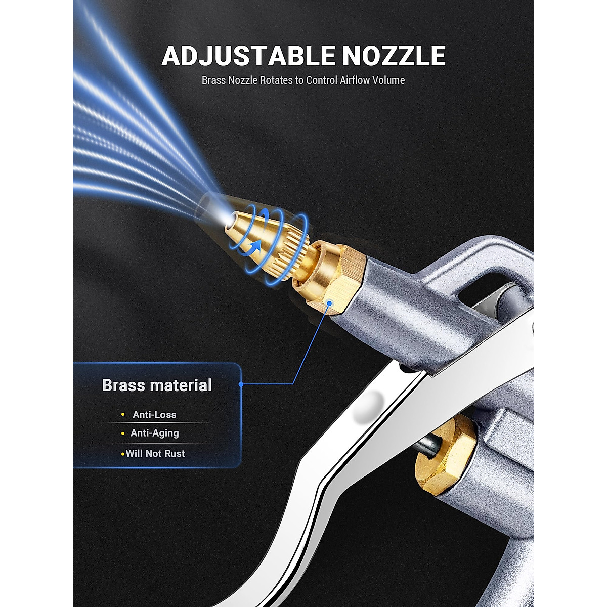 JASTIND Industrial Air Blow Gun with Brass Adjustable Air Nozzle, 8-14 Inch Extension with 2 Steel Air Flow Nozzle, High Volume Air Tool Dust Blower Gun for Air Compressor Attachments