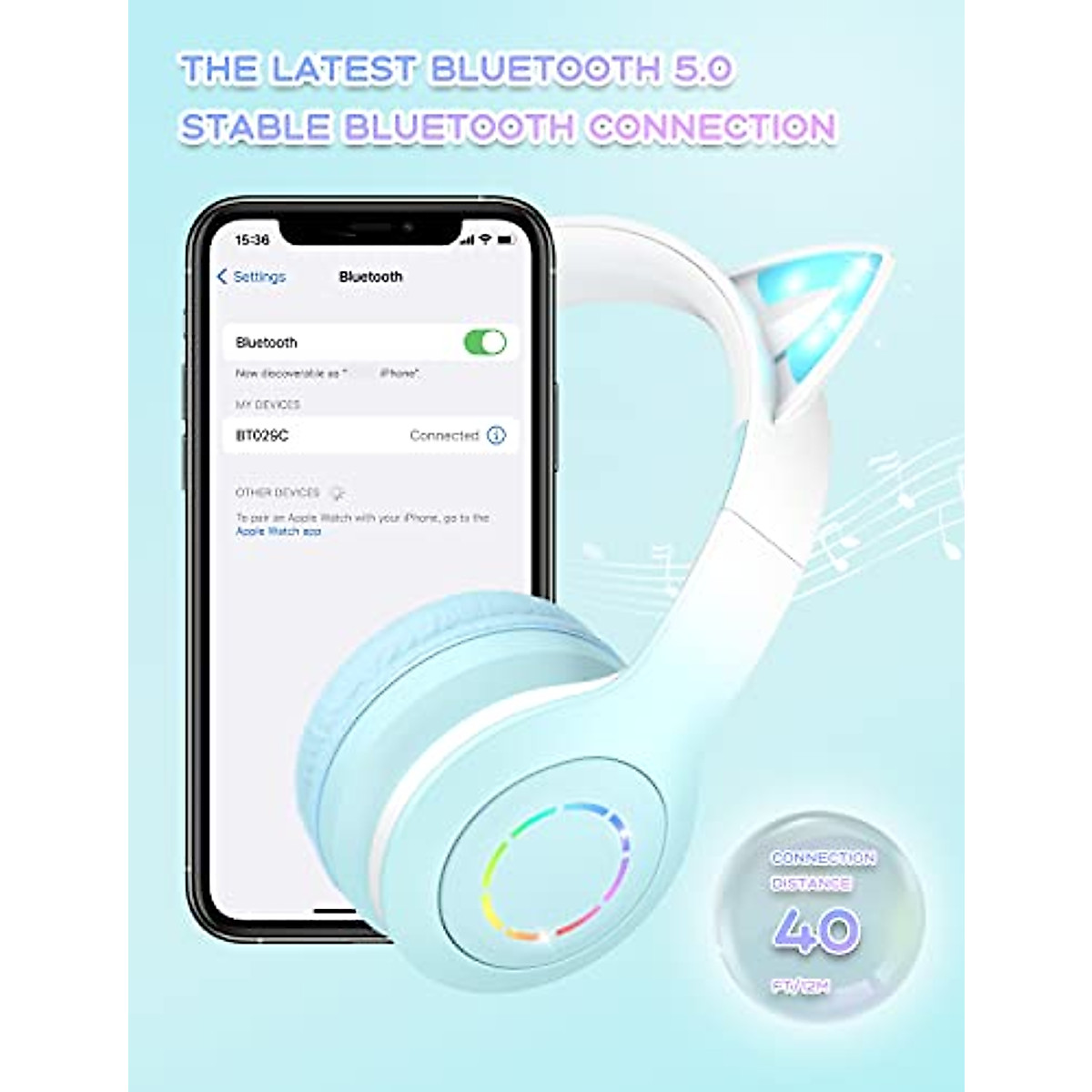 VuyKoo Bluetooth Headphones with Microphone/RGB LED Light Up, Cat Ear Wireless Headphones, Stereo Gaming Headset for Cellphone/PC/Laptop/Tablet/TV Kids Girls & Boys Teens/Birthday Gift (Green)
