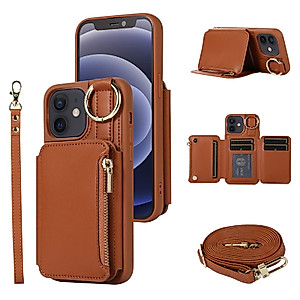 Furiet Wallet Case for iPhone 11 6.1 with Wrist and Shoulder Strap Card Holder Ring Stand Flip PU Leather 6+ Card Slots RFID Blocking Phone Cover for iphone11case iPhone11 i Phone11 11s XI 11R Brown