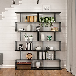 Yusong Bookshelf 6-Tier, Geometric Bookcase S Shaped Book Shelves for Bedroom, Modern Wood Decorative Display Shelf Tall Book Case for Home Office, Black