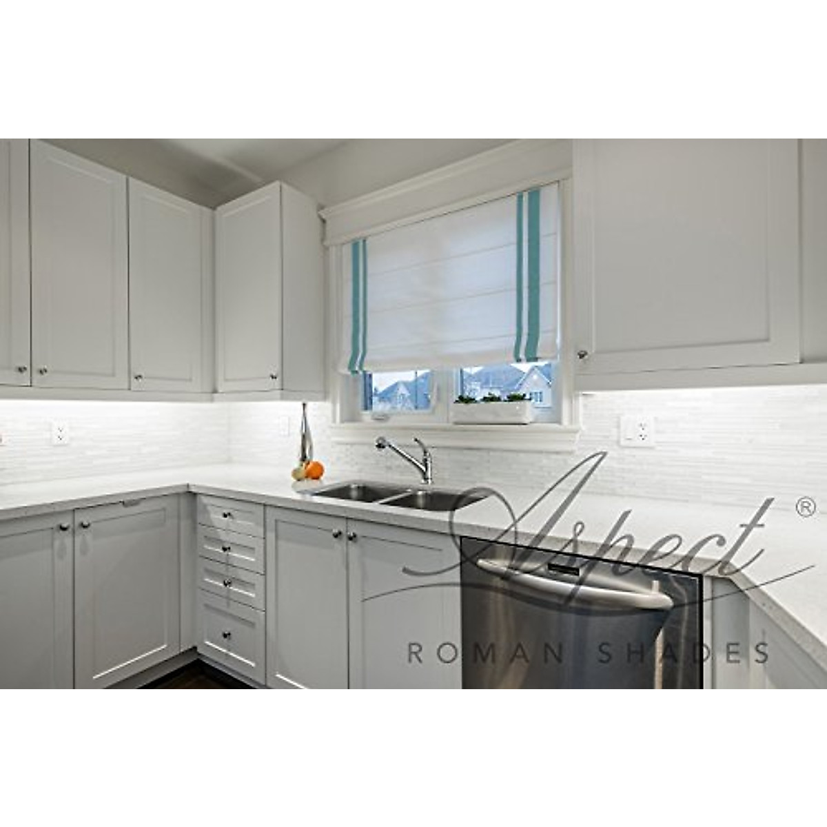 LOGANOVA Flat Roman Shade Chevalle Seafoam. White background with double blue green border and chain mechanism. Custom made.