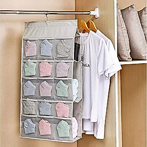 LCXEGO Dual Side Closet Hanging Organizer,3 Shelf Hanging Closet Organizer with Rotating Hanger and Mesh Pocket Bra Underwear Socks Towel Handbag Storage Oxford Bags (3+5+15Pockets,Light Grey)