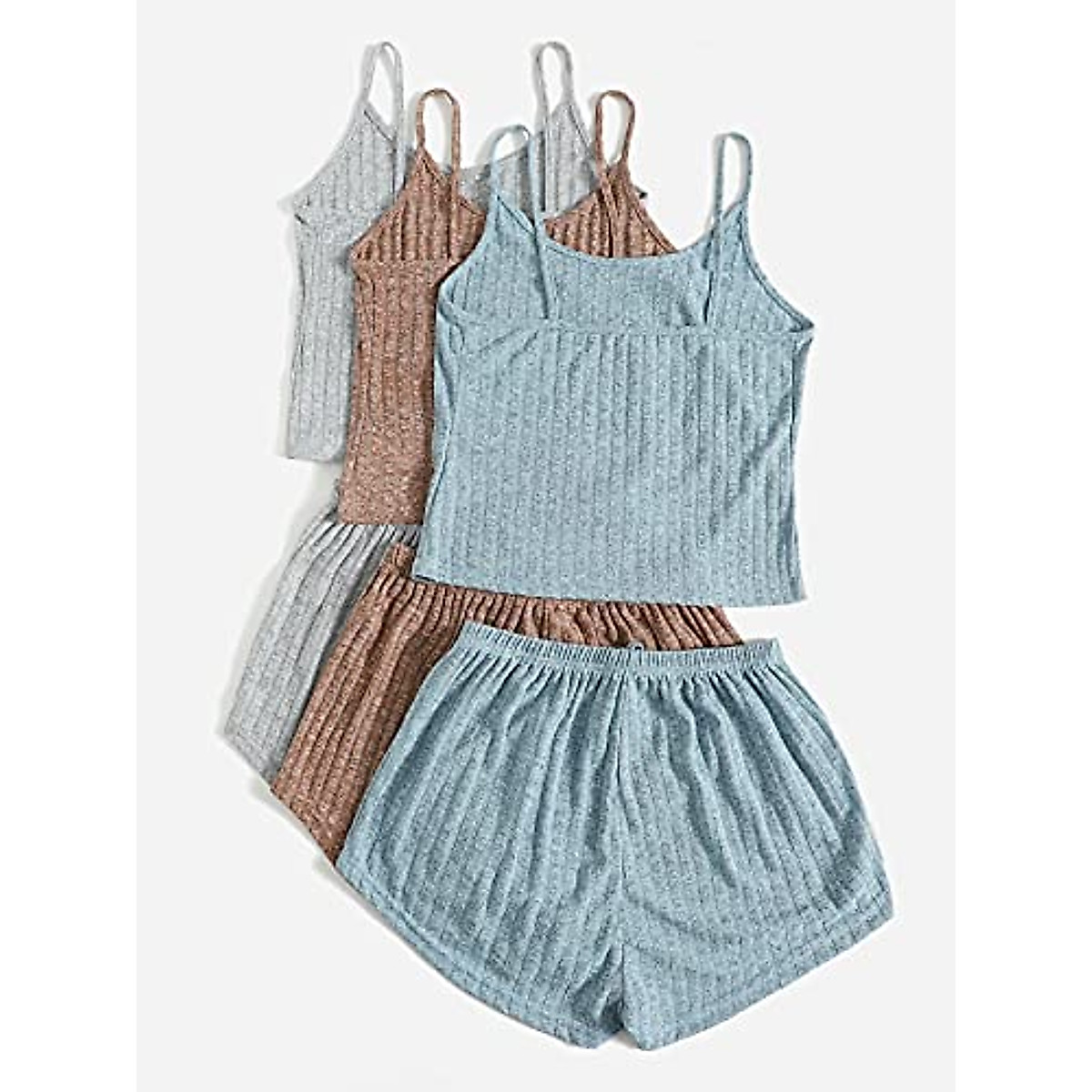 SheIn Women's 3 Sets Rib Knit Lounge Set Crop Cami Top and Tie Front Shorts Sleepwear Pajama Set Multicoloured Medium