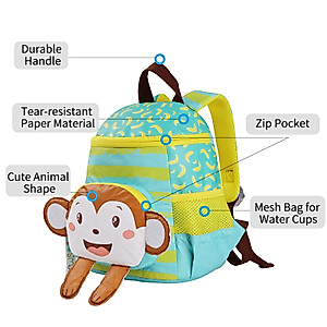 GreenTribes Toddler Backpack - Tyvek - Animal Schoolbag for Kids - Waterproof Preschool Backpack - Travel Paper Bag for Baby Girl Boy 2-8 Years,Cute Monkey