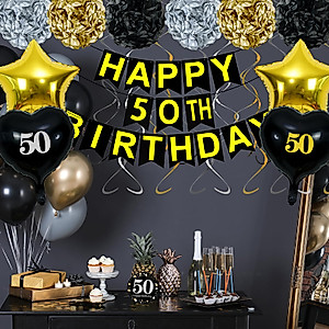 RUBFAC 50th Birthday Decorations for Men, Black Gold Happy Birthday Party Decorations Set for Men Women, 50th Birthday Party Supplies
