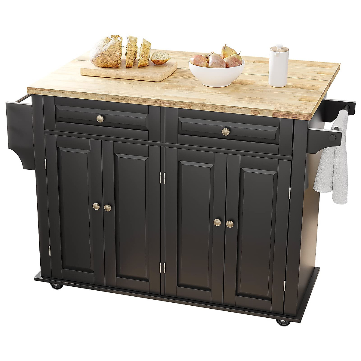 Rolling Kitchen Island with Drop Leaf – Movable Kitchen Carts on Wheels Island with Storage Cabinet, Island Table for Kitchen with Rubber Wood Top and Rack and Drawer, Matte, Black