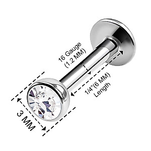 BanaVega 3PCS Surgical Steel Internally Threaded Labret 16g 1/4 6mm 3mm Sapphire Crystal Lobe Earrings Tragus Piercing Jewelry 0456