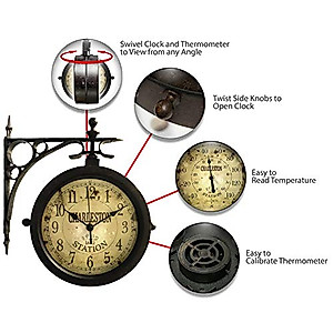 Infinity Instruments Charelston Outdoor Clock, Waterproof Double Sided Train Station Clock & Thermometer