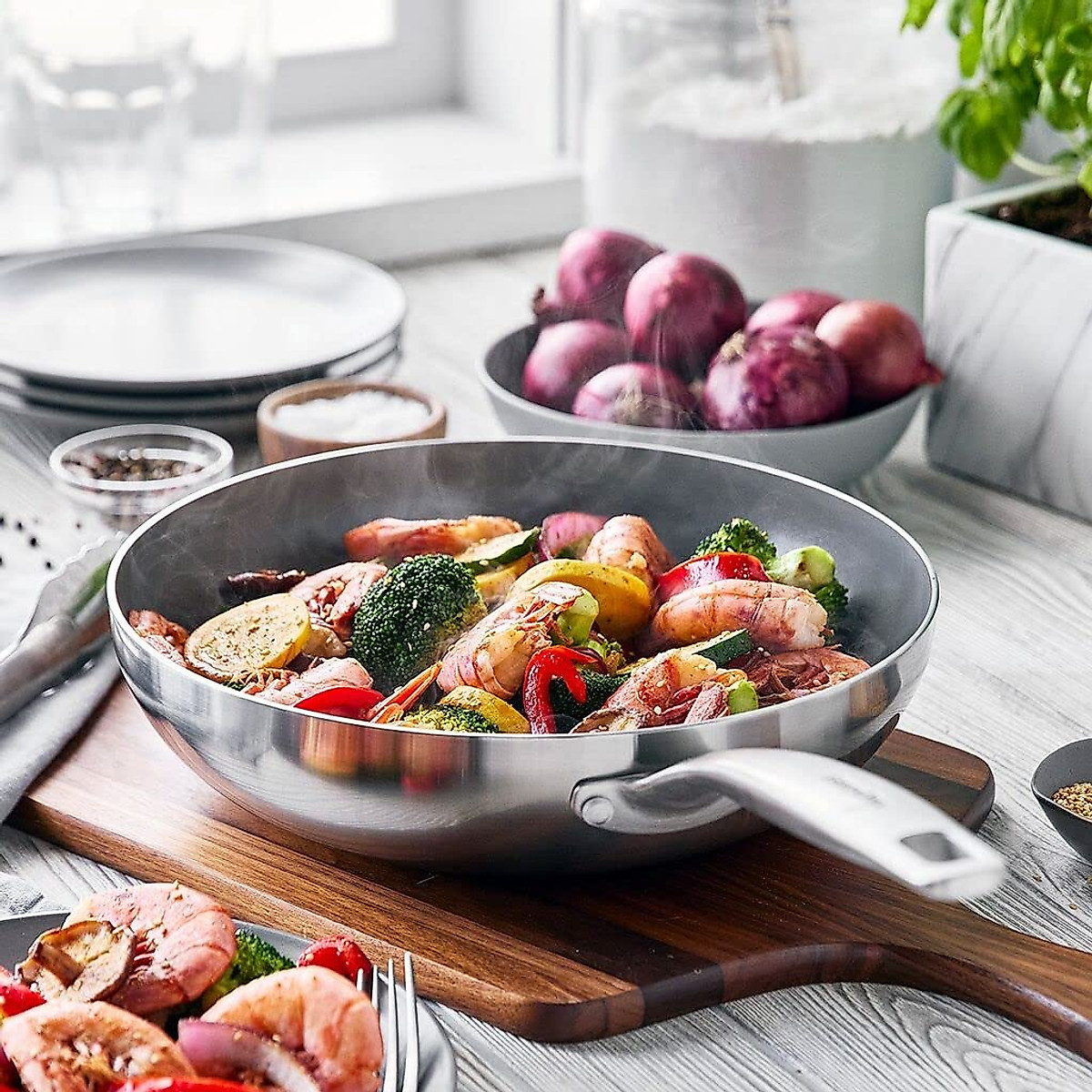GreenPan Chatham Tri-Ply Stainless Steel Healthy Ceramic Nonstick 11" Wok Pan, PFAS-Free, Multi Clad, Induction, Dishwasher Safe, Oven Safe, Silver