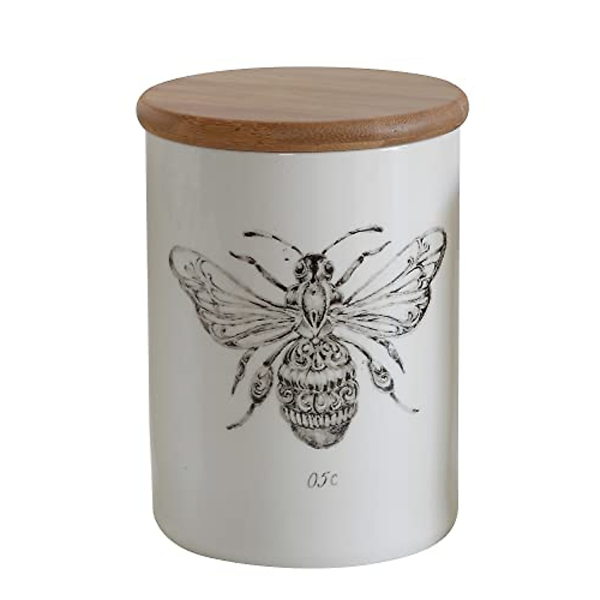 Creative Co-op White Stoneware Bee Image & Bamboo Lid Jar, Canister, Multicolor