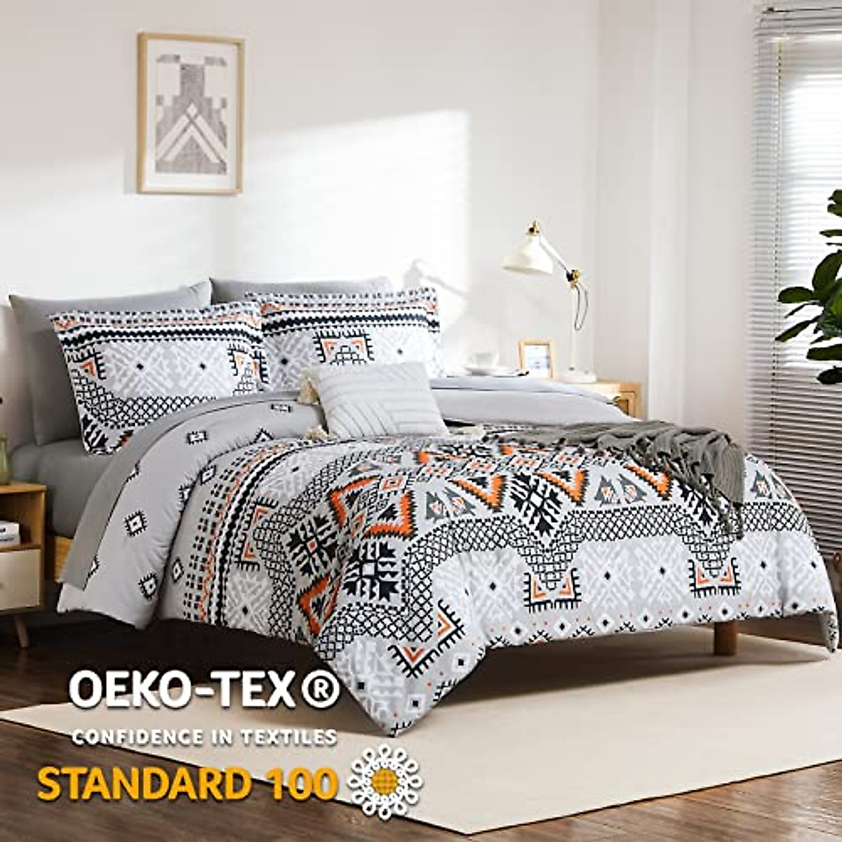 CASAAGUSTO Queen Comforter Set, 8 Pieces Gray Orange Boho Comforter Set, Microfiber Cozy Bohomian Bedding Set with Decor Pillow, Lightweight Breathable for All Seasons