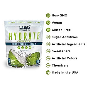 Laird Superfood HYDRATE Coconut Water Powder Drink Supplement with Coconut Water and Auqamin, All Natural, No Added Sugars, Gluten-Free, Non-GMO, Vegan, 8 oz. Bag, Pack of 1