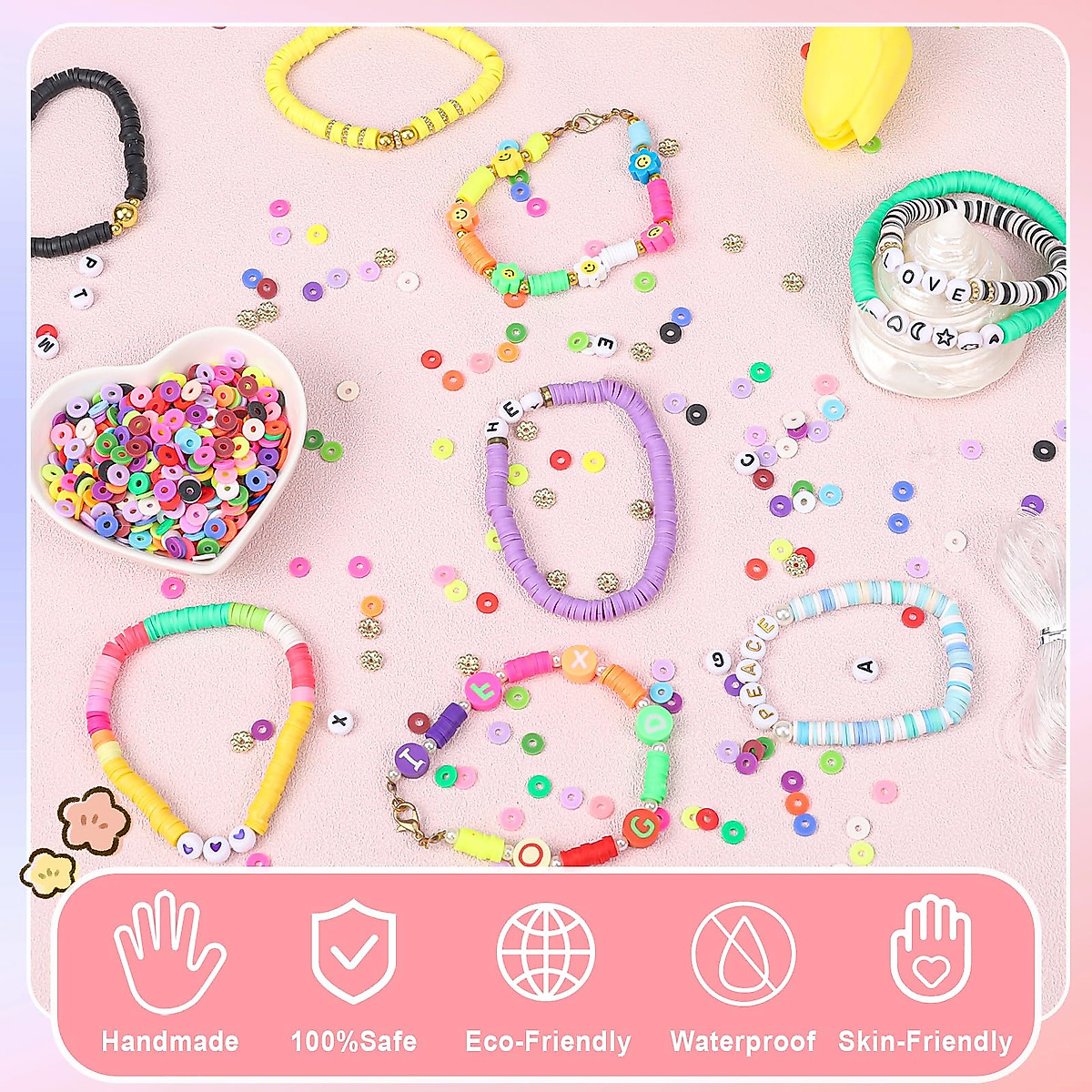 4500pcs White Clay Beads Kit for Bracelet Making Including 6mm Flat Polymer Clay Heishi Beads and Gold Bead Pearls Spacers Letter Beads for Jewelry Necklace Making