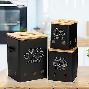 WUWEOT 3 Pack Vegetable Storage Bin, Potato Onion Garlic Storage Canister, Black Metal Vegetable Fresh Keeper Caddy, Kitchen Pantry Organizer Jars with Bamboo Lid and Aerating Holes