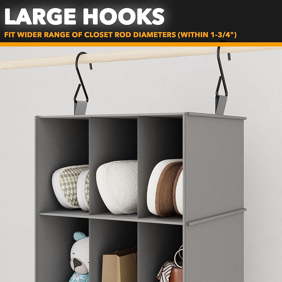 SpaceAid 2 Pack Hanging Closet Organizer and Storage with Dividers, 24 Compartments Hanging Shoe Shelves for Closet, Wardrobe, RV, Garment Rack - Grey