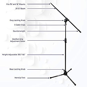 LyxPro Microphone Stand Boom Arm Tilting Rotating Floor Podium Stage or Studio Strong Durable And Foldable Height 38.5"- 66" Extends Arm to 29 3/8" Comes With 3/8" and 5/8" mount Adapter