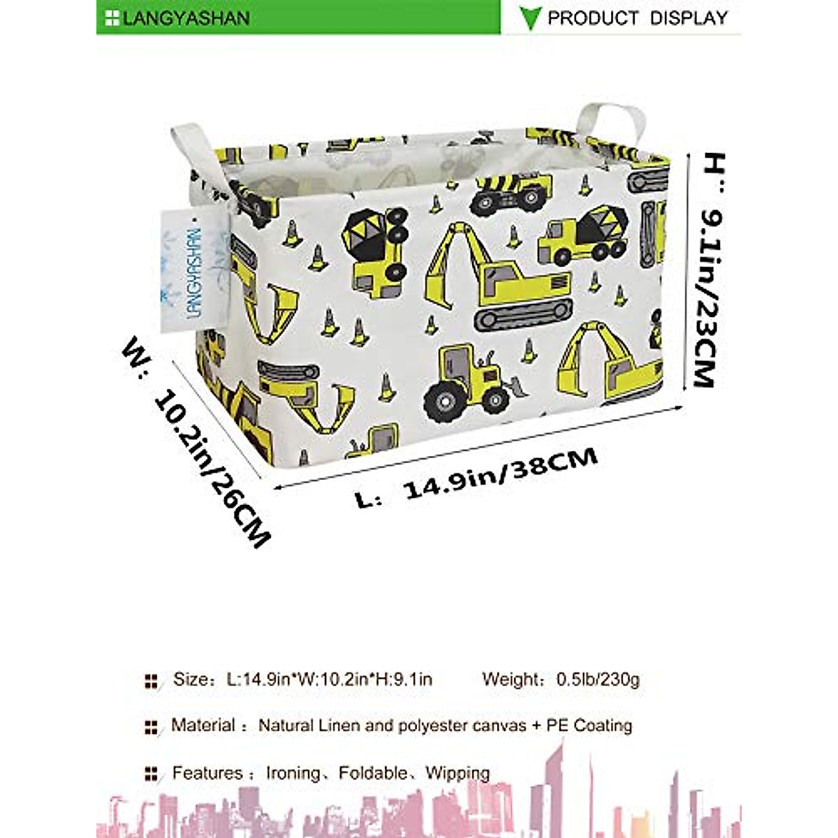 LANGYASHAN Rectangular Storage Bin Collapse Canvas Fabric Cartoon Storage Basket with Handles for Organizing Home Kitchen Boys and Girls Toys Office Closet Shelf Baskets (Rec Engineering Vehicle)