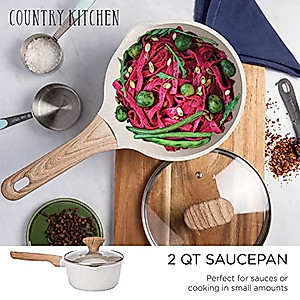 Country Kitchen Nonstick Cookware Sets - 6 Piece Nonstick Cast Aluminum Pots and Pans with BAKELITE Handles - Non-Toxic Pots with Glass Lids - Speckled Cream with Light Wood Handles