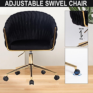 linting Velvet Accent Chair Home Office Desk Chairs with Wheels Modern Mid Back Swivel Vanity Chair Armchair, Adjustable Makeup Chair (Black)