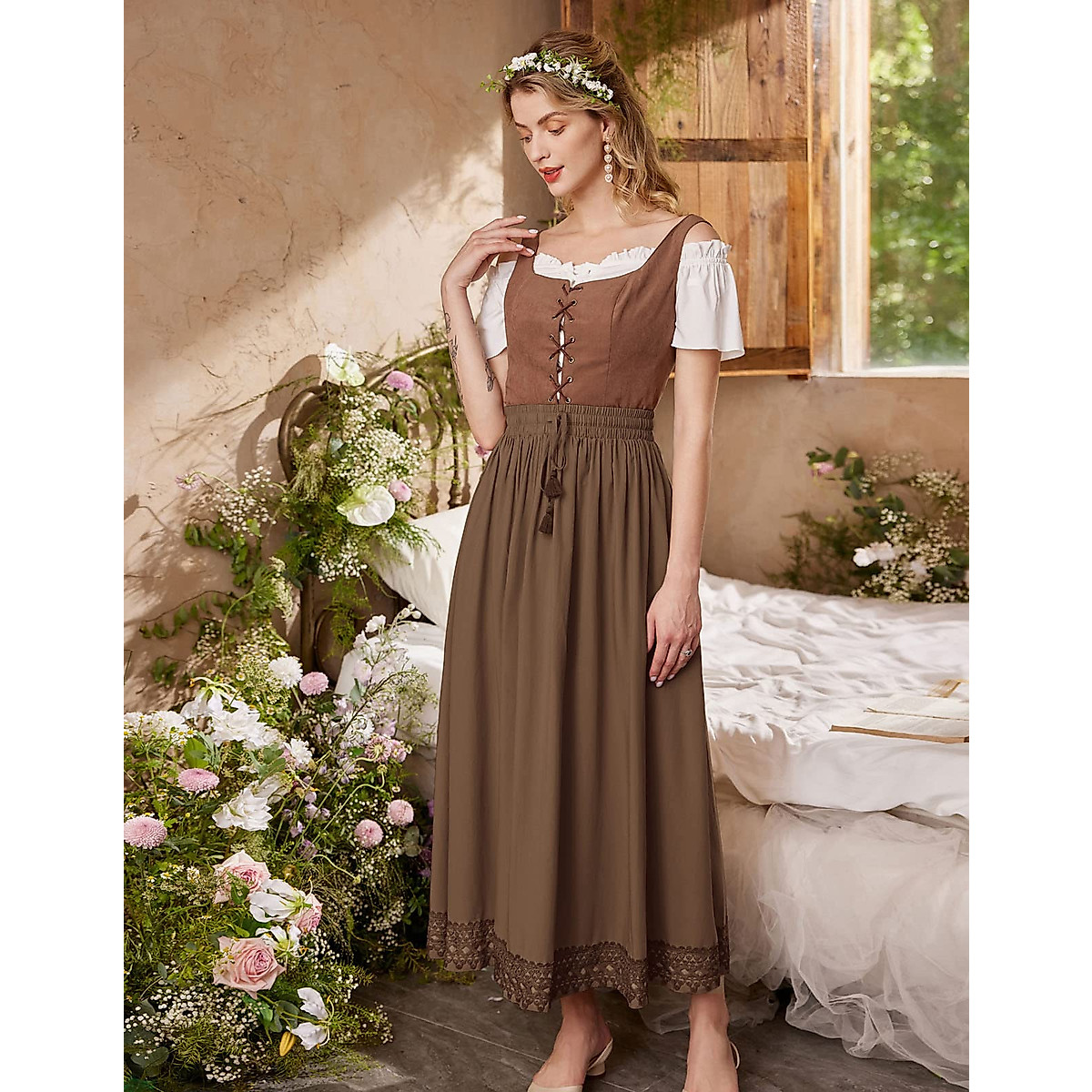 Women’s Elastic Waist Maxi Skirt Vintage Medieval A-Line Long Skirt Brown M