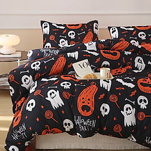Halloween Duvet Cover Queen Size Pumpkin Bedding Set Cartoon Ghost Candy Comforter Cover for Kids Room Decor Black Bedding with 1 Duvet Cover 2 Pillowcases