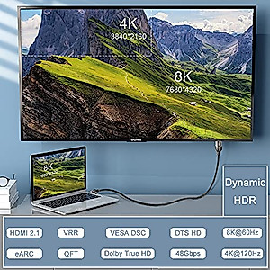 8K HDMI 2.1 Cable, 48Gbps Ultra HD Lead High-Speed Cord, Supports 8K@60Hz, 4K@120Hz, eARC HDR10, HDCP 2.2/2.3 Dolby, 3D, VRR, Compatible with Fire TV/Roku TV/PS5/Xbox/Nintendo Switch and More (2.5 ft)