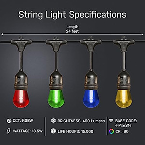 Feit Electric 24" 12pc. Light Color Changing Smart WiFi String Lights with Scheduling Features and Works with Alexa/Google Assistant, Heavy Duty and Weather Resistant - Clear Bulb - SL24-12/RGBW/AG