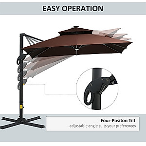 Outsunny 10FT Cantilever Patio Umbrella with Solar LED Lights, Double Top Square Outdoor Offset Umbrella with 360° Rotation, 4-Position Tilt, Crank & Cross Base for Garden, Deck, Pool, Brown