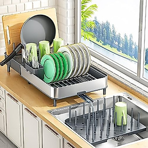 Dish Drying Rack - Expandable Dish Racks - Large Stainless Steel Dish Drainer for Kitchen Counter with Utensil Holder and Cup Holder, Grey