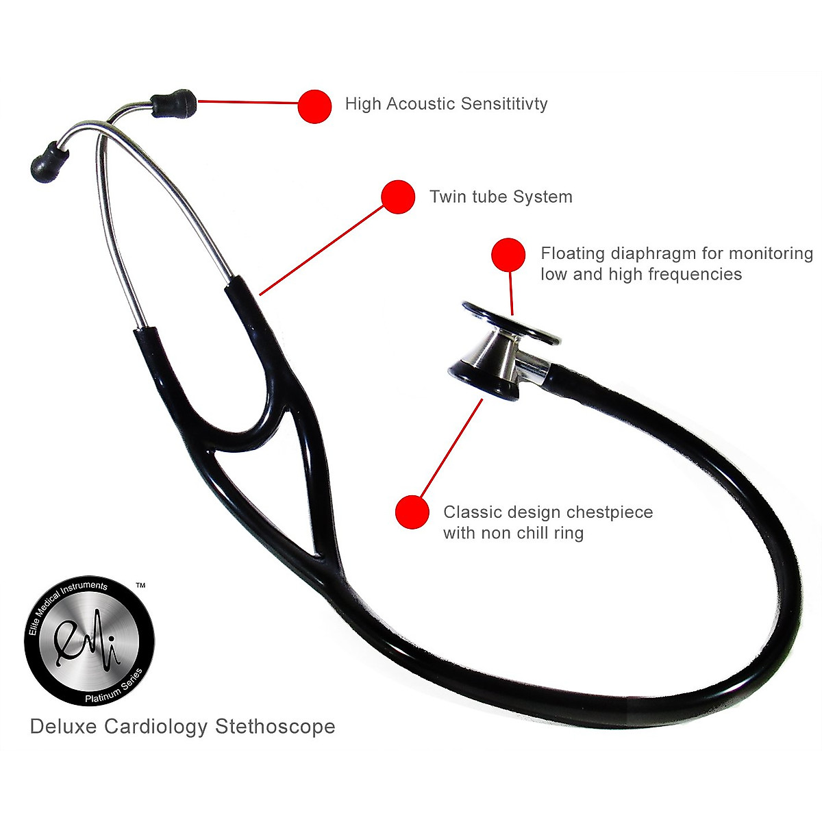 EMI Platinum Series Deluxe Black Cardiology Stethoscope with pressure sensitive Diaphragm ESC-333