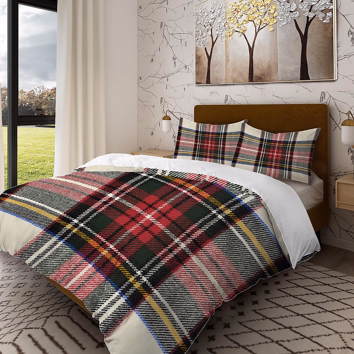 Batmerry Scottish Tartan King Size 3 Pieces Bedding Comforter Sets,Soft Fluffy Square Green Wool Plaid Pattern Printed PolyesterDuvet Cover for All Season
