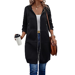 ELESOL Women's Casual Zip up Hoodies Pockets Tunic Sweatshirt Long Hoodie Outerwear Jacket, Black Large
