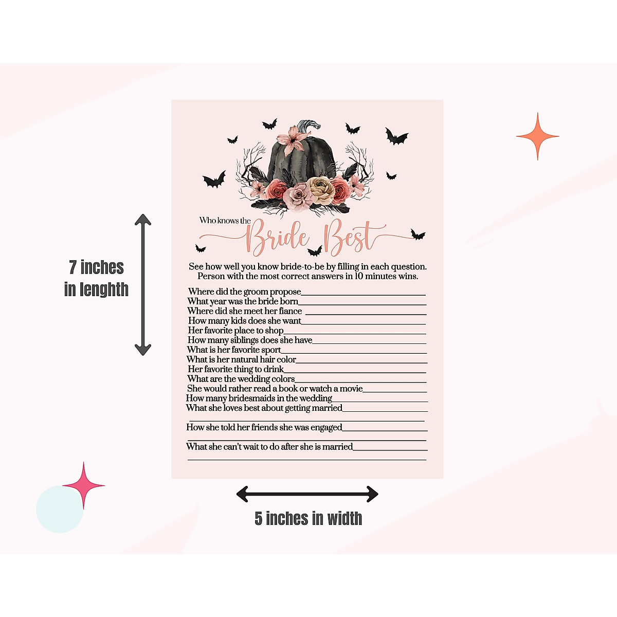 Gothic Pumpkin Bridal Shower Game Bundle - He Said or She Said & Bride Best - Halloween Wedding Guest Activity - Spooky Party Decor - Double-Sided Cards - Pink & Black - 25 Pack