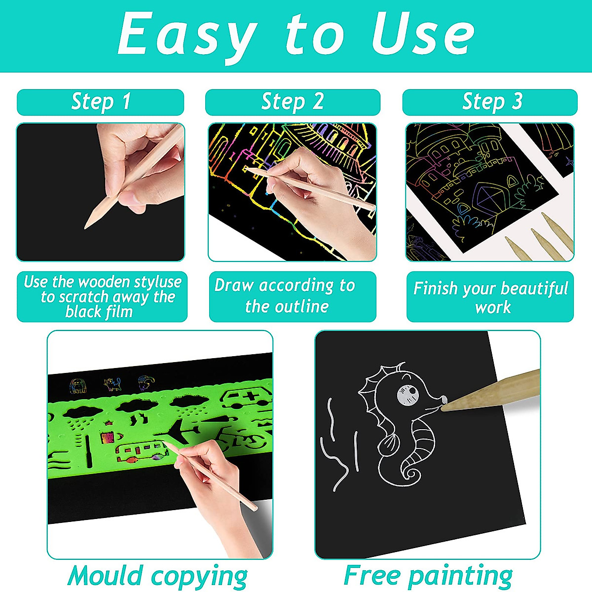 Scratch Art for Kids, 118 PCS Rainbow Scratch Paper Set Black Scratch it Off Paper Art Crafts Notes Sheet for Children Girls Boys Fun DIY Toy Birthday Game Christmas Easter Craft Gifts