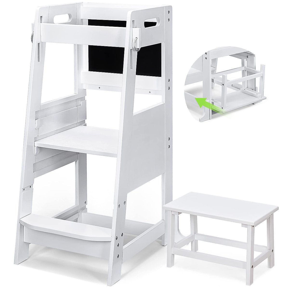 TOETOL Bamboo Toddler Step Stool White Kitchen Counter Learning Helper Standing Tower Ktchen Stool for Toddler 3 Height Adjustable with Chalkboard Message Boards, Small Step Stool, Non-Slip Mat