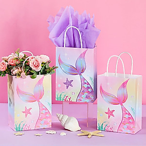 Liliful 16 Pcs Mermaid Birthday Gift Bags with Tissue Paper Mermaids Theme Party Favor Bags Goodie Candy Treat Bags for Birthday Mermaids Themed Decorations