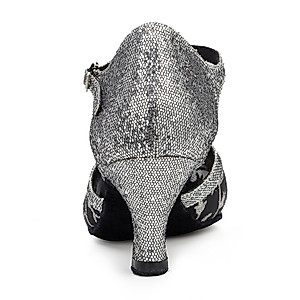 Minishion Women's TH132 Floral Low Heel Black Glitter Mesh Wedding Ballroom Latin Taogo Dance Pumps Shoes US 9.5