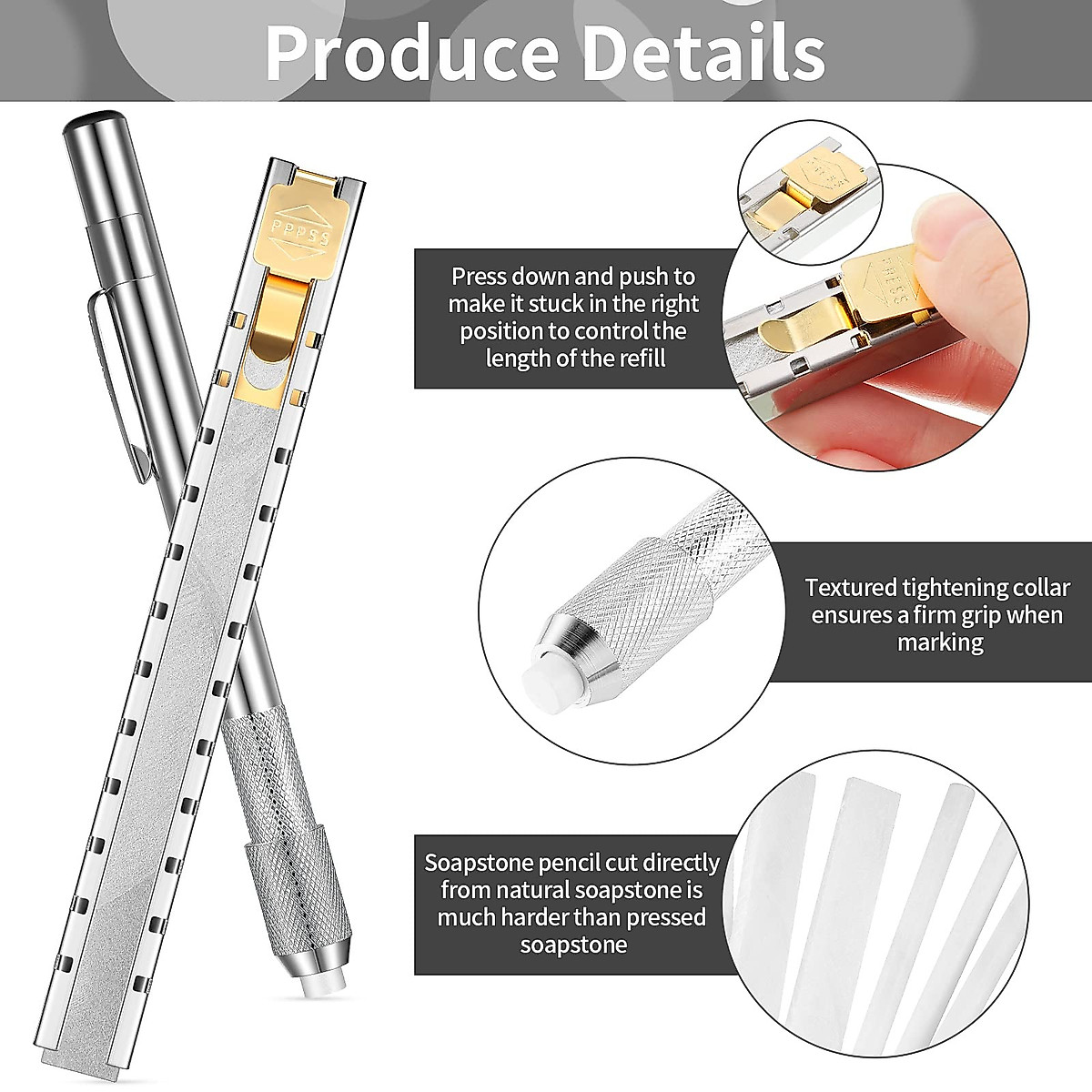 Zonon Soapstone Holder Soapstone Pencil Round Flat Aluminum Welding Tools Flat Soap Stone Markers with 12 Pieces Soapstone Refill White Clear Removable Markings on on Steel, Aluminum, and Cast