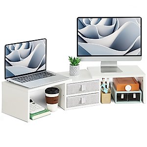TEAMIX Dual Monitor Stand Riser with 2 Drawers - Length and Angle Adjustable White Monitor Stand with Storage Large Computer Riser for 2 Monitors/Laptop/PC, Wood Screen/TV Stand Desk Organizer
