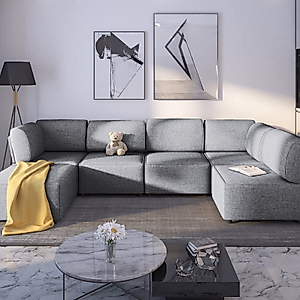 ZAFLY Modular Sectional Sofa Couch, U/L Shaped Couch with Oversized Seats, Ottoman, Convertible Modern Linen Fabric Reversible Chaise, Sofa Sleeper for Living Room, Apartment 120.4" W (Light Gray)